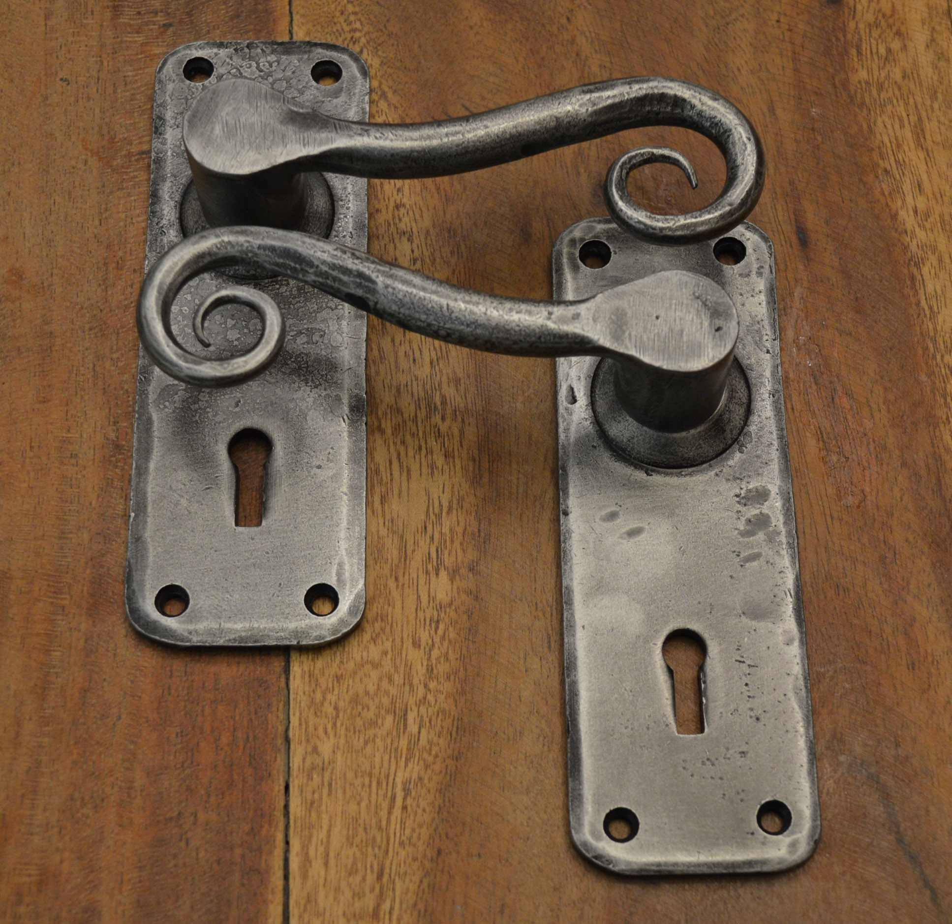 Light Pewter, Rat Tail Style Wrought Iron Door Handles with Keyhole ...