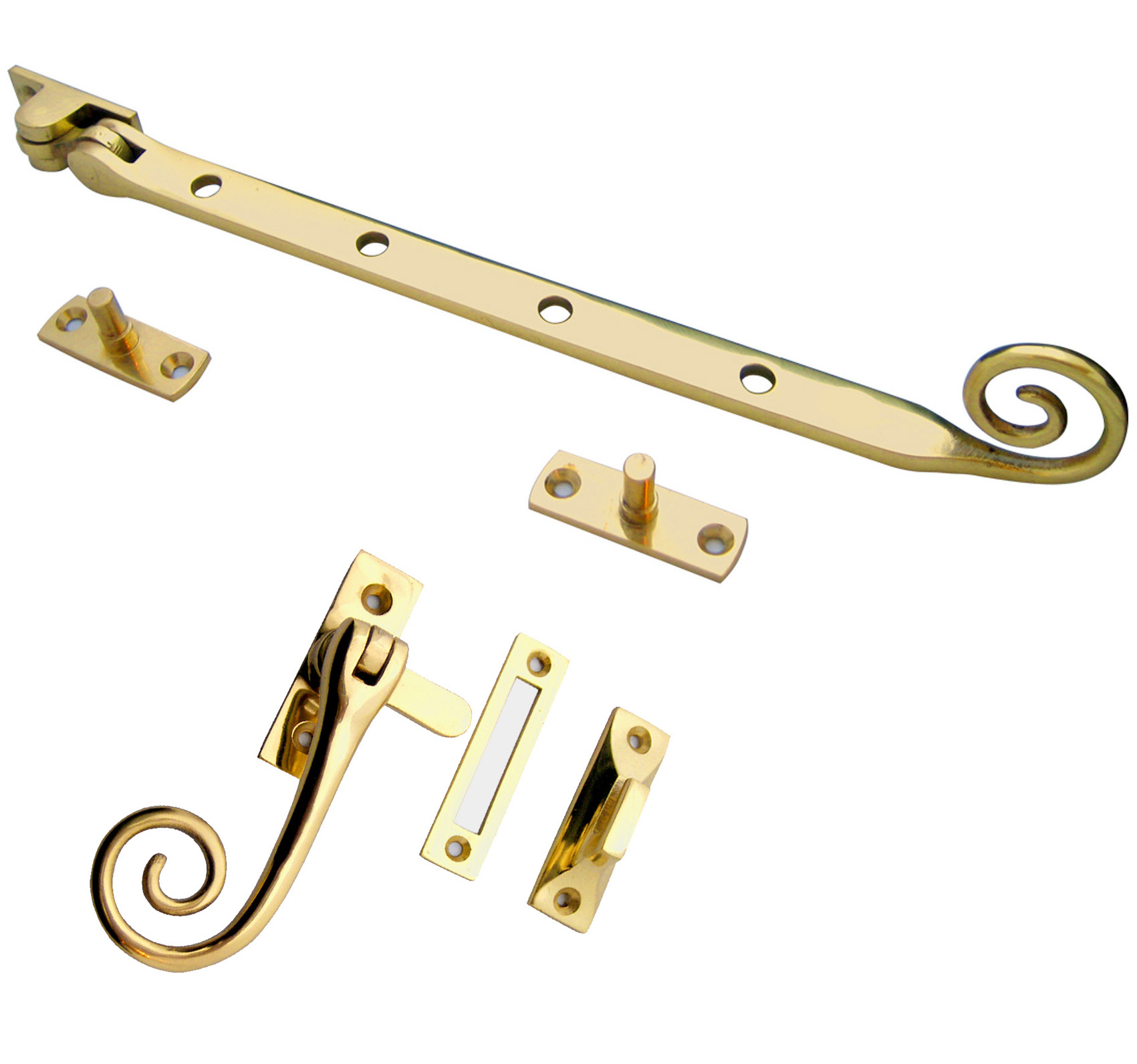Solid Polished Brass 10" Rat Tail LH / RH Window stay & Latch Set ...